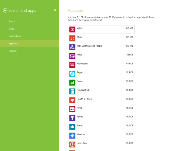 How to create a shortcut to open the App sizes page in Windows 8.1