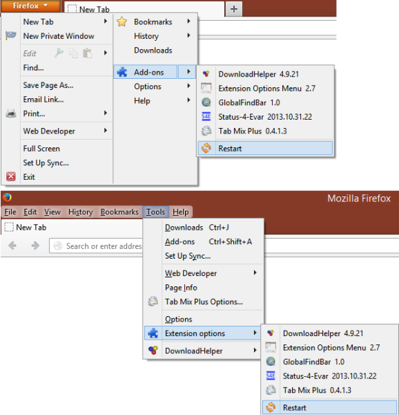 Access Firefox extension/addon options from a menu