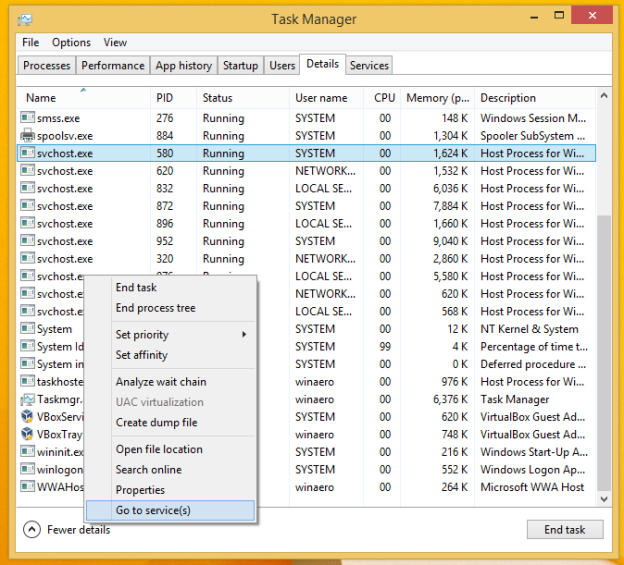 How to see services related to a process in Windows 8