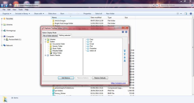 Add or remove buttons from the Windows 7 toolbar with Explorer Toolbar Editor