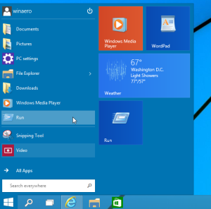Add Run to Start menu in Windows 10 on the left or right side
