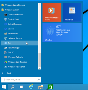 Add Run to Start menu in Windows 10 on the left or right side