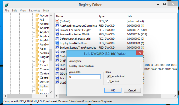 Move notification toasts to top or bottom of the screen in Windows 10