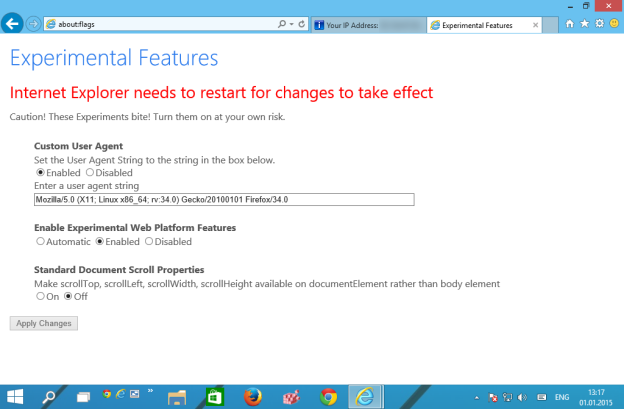 Change the User Agent in Internet Explorer 11