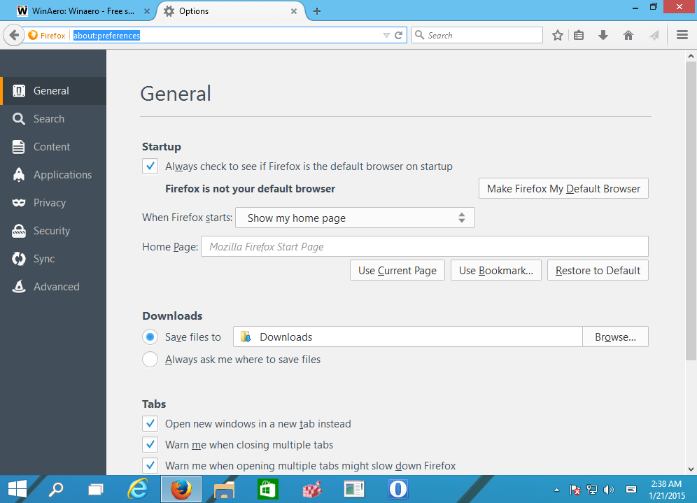 Here is the new preferences page in Firefox 35 and above