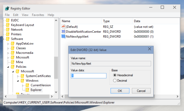 Disable You have new apps installed popup in Windows 10