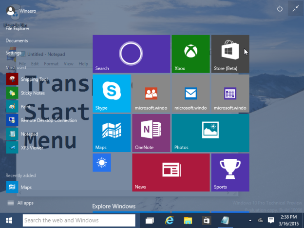 New Start menu in Windows 10 build 10036