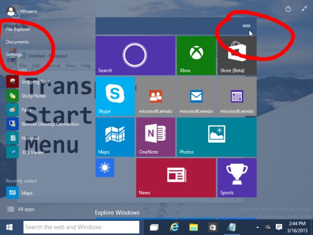 New Start menu in Windows 10 build 10036