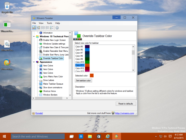 Windows 10 allows setting different colors for windows and taskbar