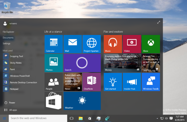 Enable Blur for Start menu and taskbar in Windows 10 build 10074