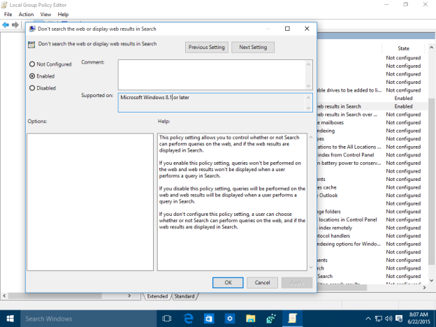 How to disable web search in Windows 10 taskbar
