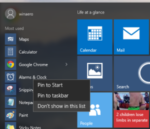 Disable or remove most used apps from Windows 10 Start Menu