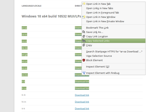 Copy all or selected links on a page at once in Firefox