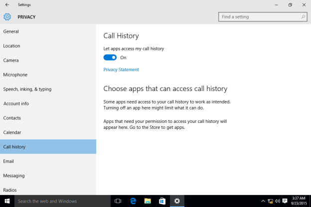 Windows 10 build 10547 adds call history and email access controls