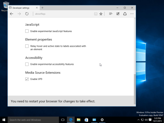 How to enable VP9 codec in Microsoft Edge in Windows 10 build 10547