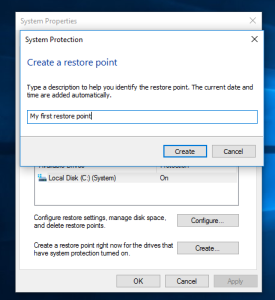 How to create restore point in Windows 10
