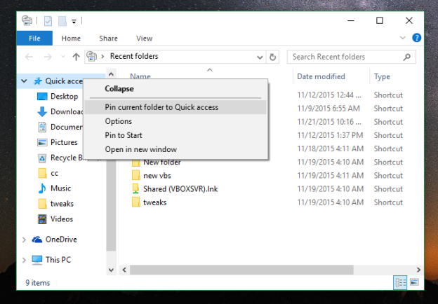Pin Recent Folders to Quick Access in Windows 10