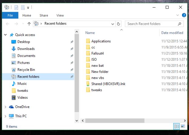 Recent places - add to the left pane in Windows 10 File Explorer