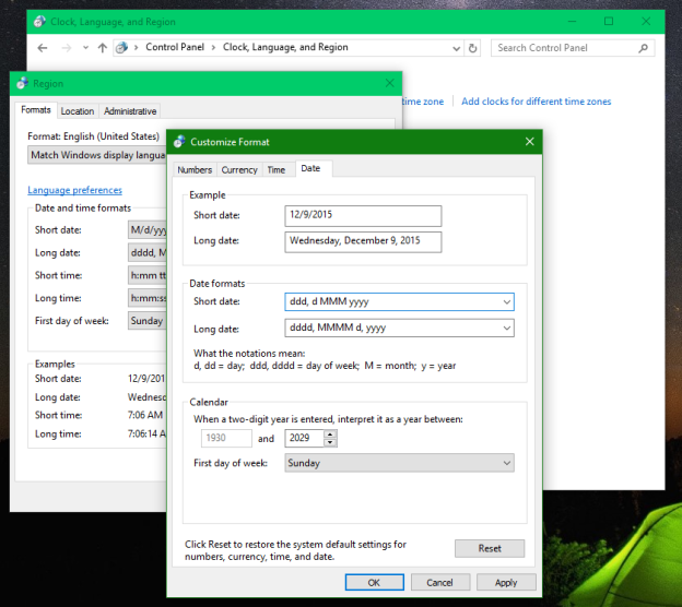 Customize the taskbar date and time formats in Windows 10