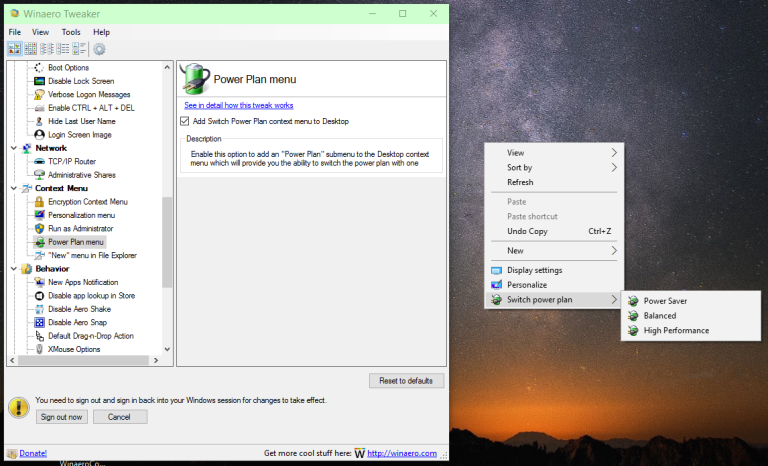Add Switch Power Plan context menu to Desktop in Windows 10