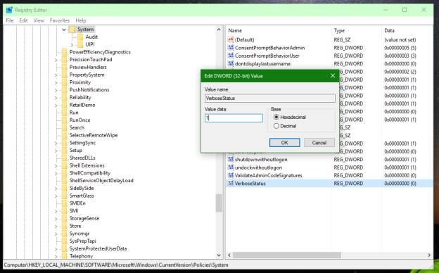 Enable verbose logon messages in Windows 10