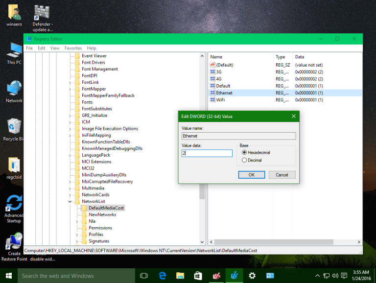 Set Ethernet connection as metered in Windows 10