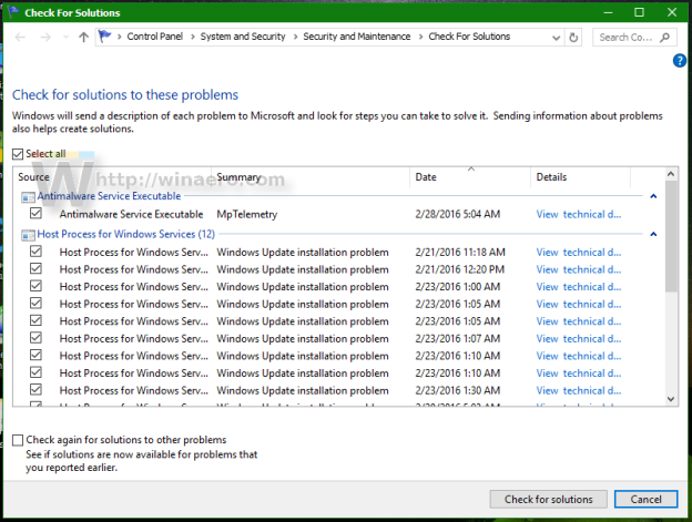 Quickly check for available solutions to problem reports in Windows 10