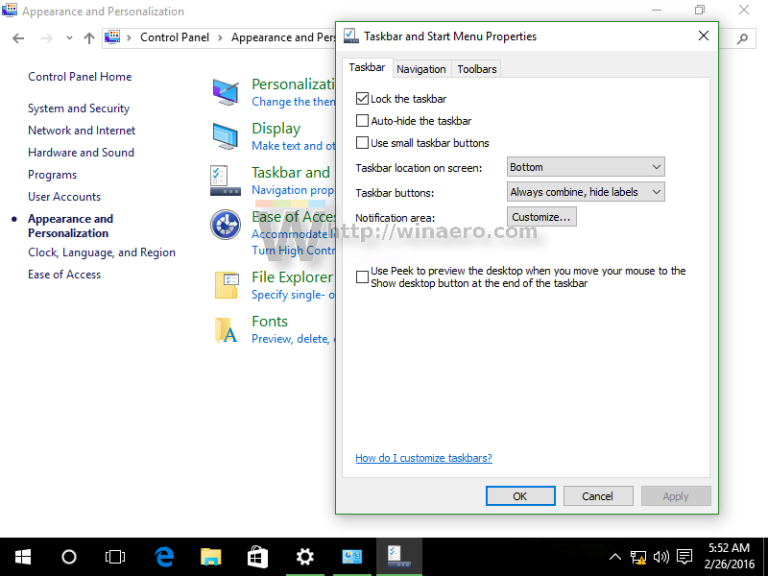 How to create a taskbar settings shortcut in Windows 10