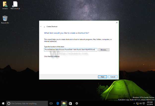 Create shortcut to Windows Defender offline scan in Windows 10