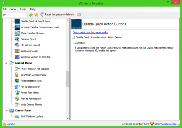 Disable Quick Action buttons in Action Center of Windows 10