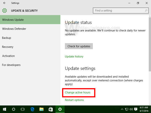Change Windows Update Active hours in Windows 10