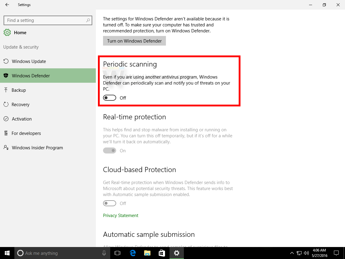 How to turn on or off Periodic Scanning in Windows 10