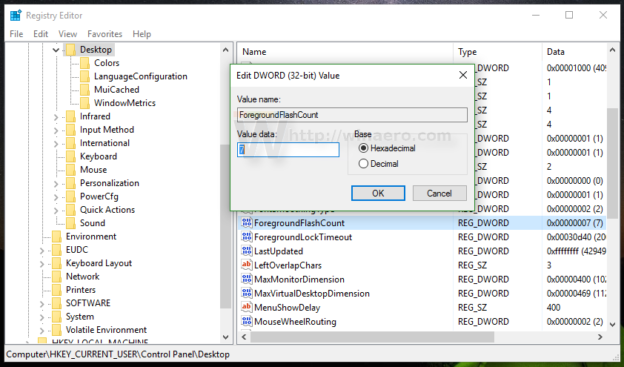 Set how many times taskbar button flashes in Windows 10