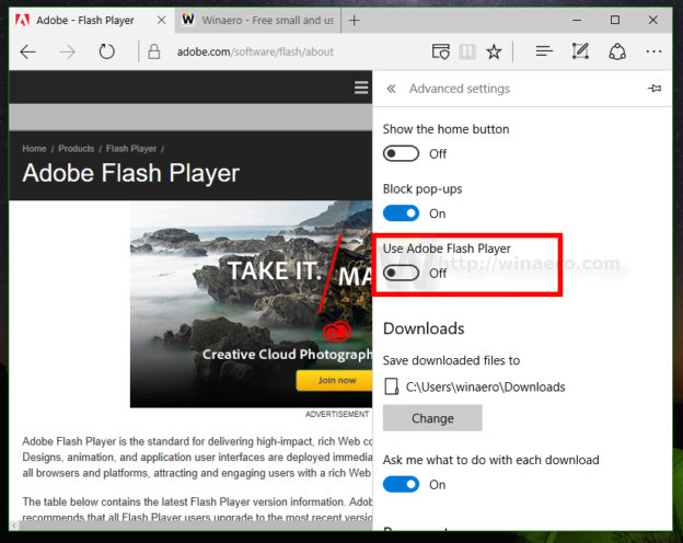 How to disable Adobe Flash in Edge