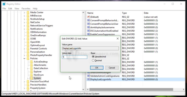 Show the last logon information at every logon in Windows 10