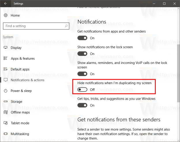 Hide or show notifications when duplicating a screen in Windows 10