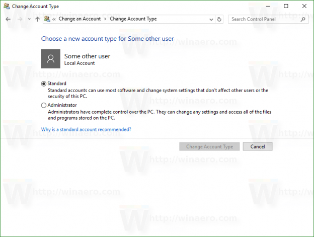 Change Account Type in Windows 10