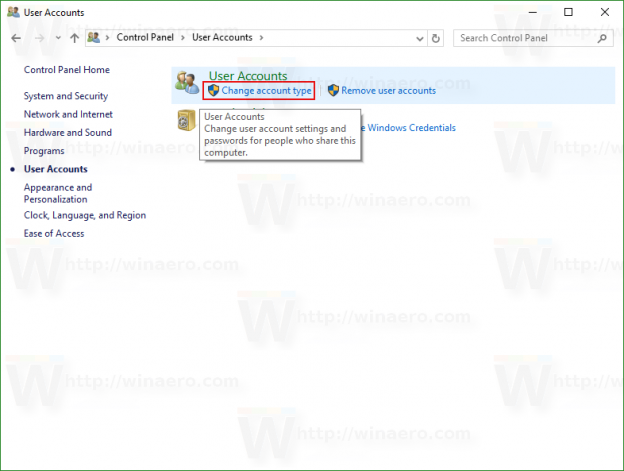 Change Account Type in Windows 10