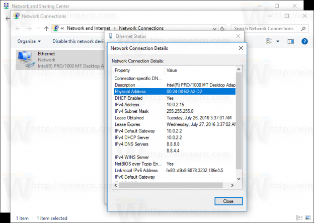 Change network card MAC address in Windows 10