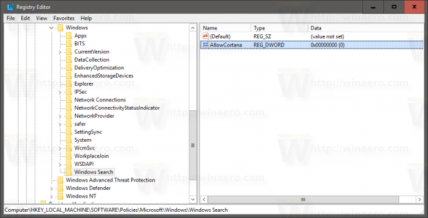 Disable Cortana in Windows 10 Anniversary Update version 1607