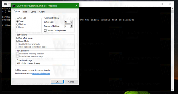 Bash in Windows 10 - fix Unsupported console settings