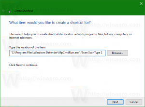 Create a shortcut for Windows Defender Full Scan in Windows 10