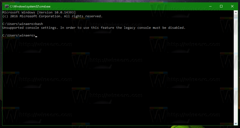 Bash in Windows 10 - fix Unsupported console settings