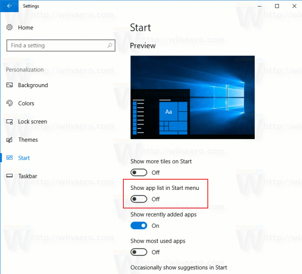 Hide App List in Start Menu in Windows 10