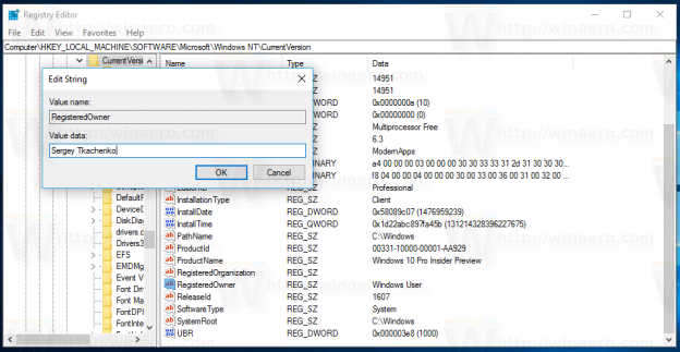 Change Registered Owner and Organization in Windows 10