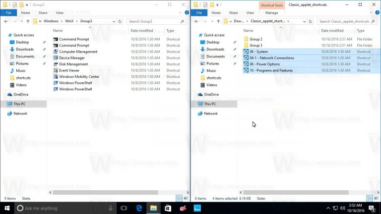 Restore Classic Control Panel shortcuts to Win+X menu in Windows 10