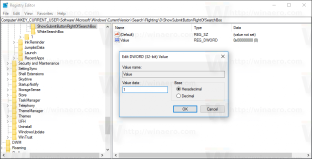 Enable Submit Button in Search Box (Cortana) in Windows 10