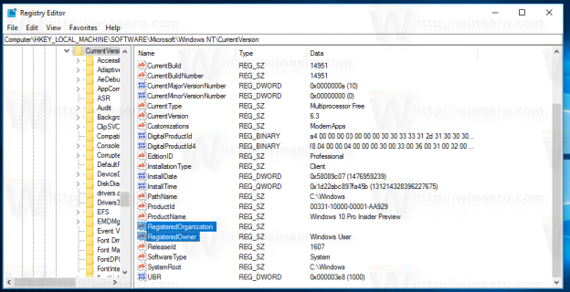 Change Registered Owner and Organization in Windows 10