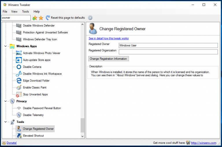 Change Registered Owner and Organization in Windows 10