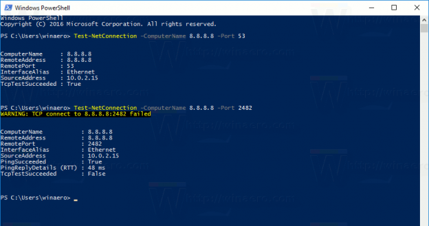 Test remote network port connection in Windows 10
